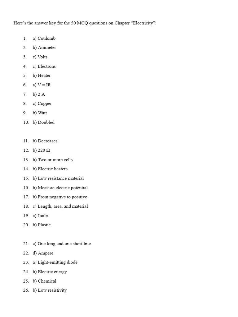 Electricity MCQ Answer Key | PDF