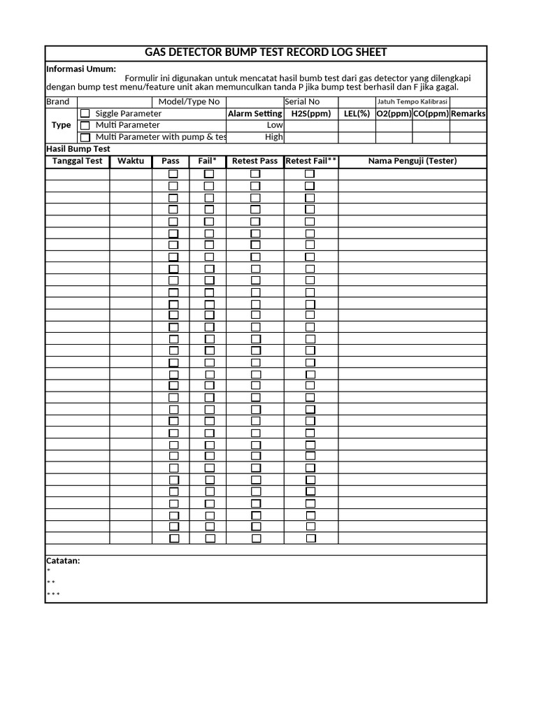 (DAILY) Bump Test Gas Detection Log Sheet | PDF