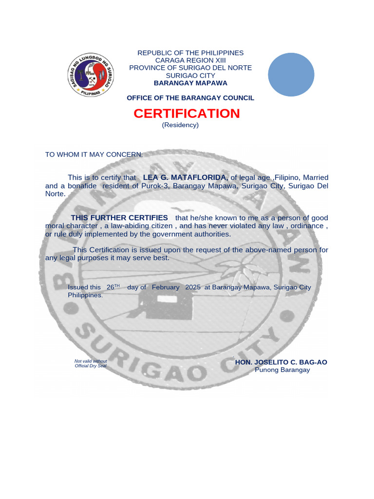 Residency Certification for Lea G. Mataflorida | PDF