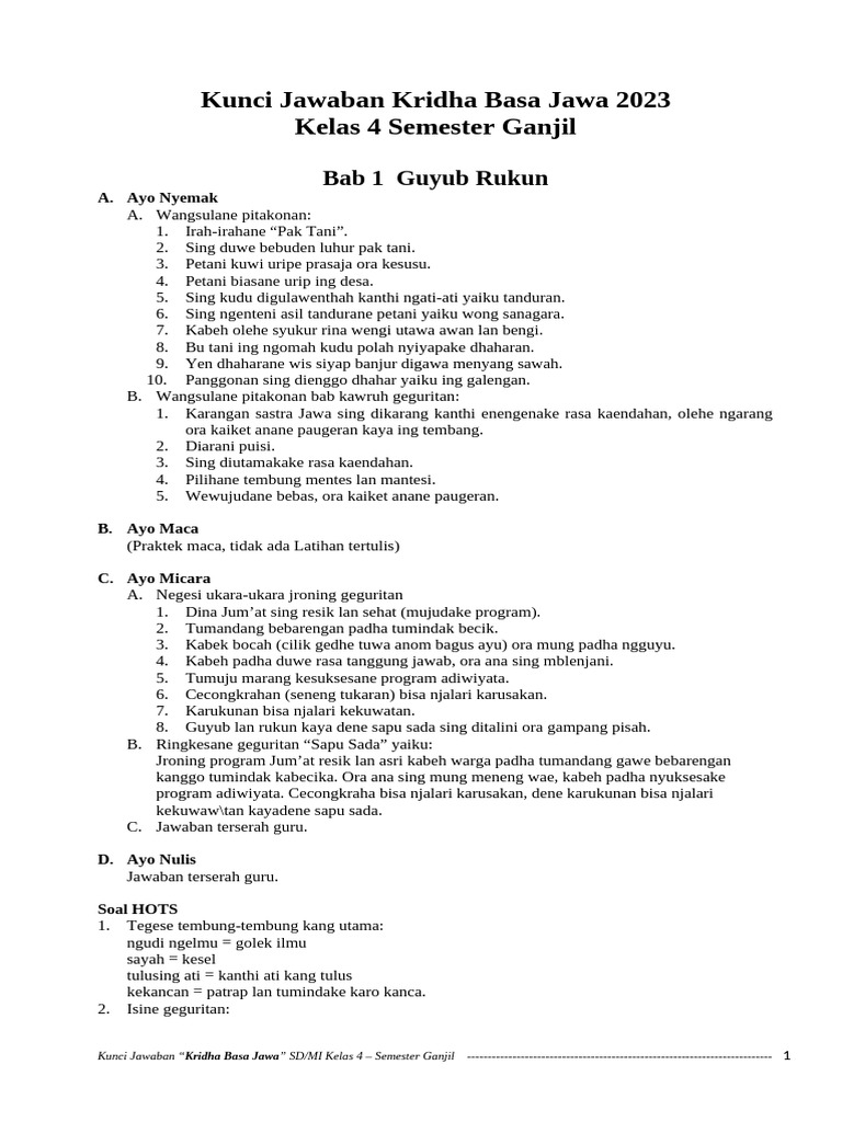 Kunci Kridha Basa Jawa 4 Ganjil 2023 | PDF