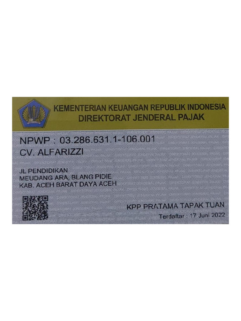 6.3 NPWP CV Alfarizzi Kantor Cabang Abdya | PDF