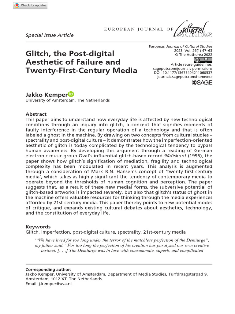 Kemper 2022 Glitch The Post Digital Aesthetic of Failure and Twenty First Century Media | PDF ...