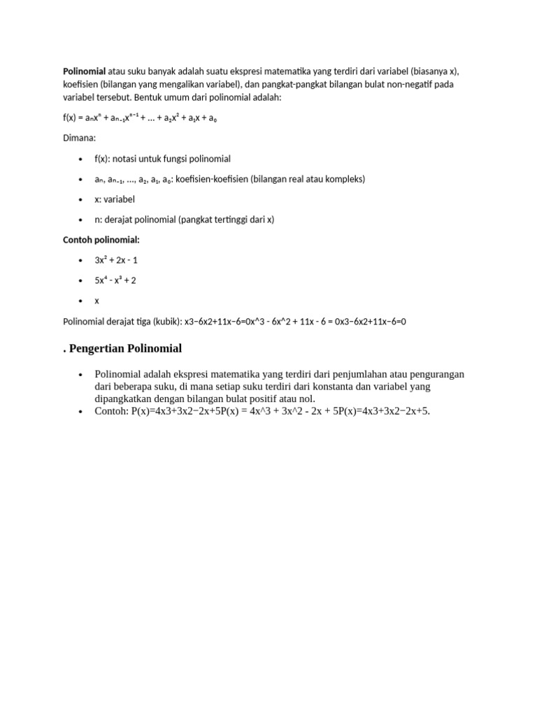 Polinomial Atau Suku Banyak Adalah Suatu Ekspresi Matematika Yang ...