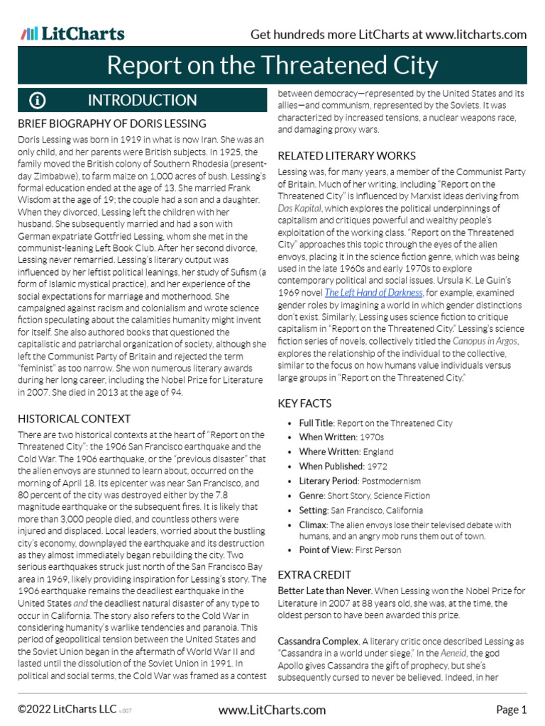 Report On The Threatened City LitChart | PDF | Doris Lessing | Earthquakes