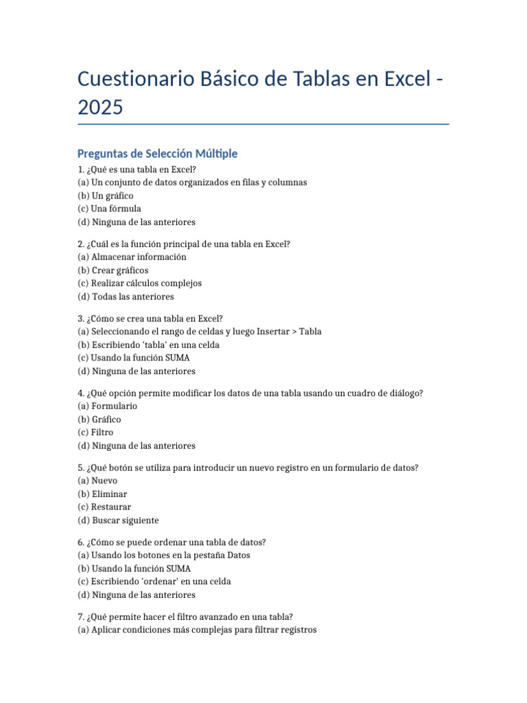 Cuestionario_Tablas_Excel_2024 | PDF | Microsoft Excel