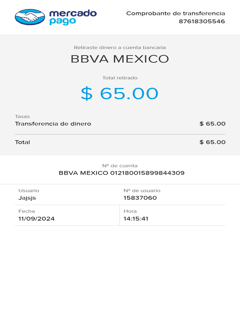 Bbva Mexico: Comprobante de Transferencia 87618305546 | PDF