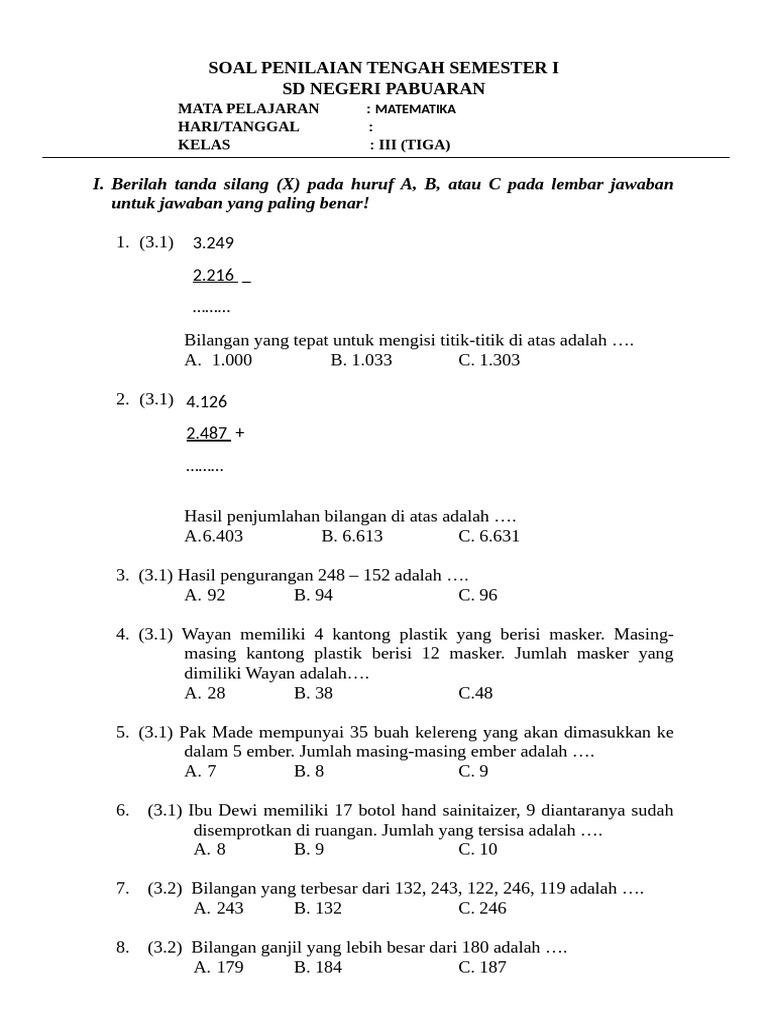 Soal PTS MTK Kelas 3 | PDF