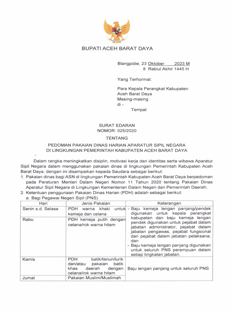 Surat Edaran Tentang Pakaian Dinas | PDF
