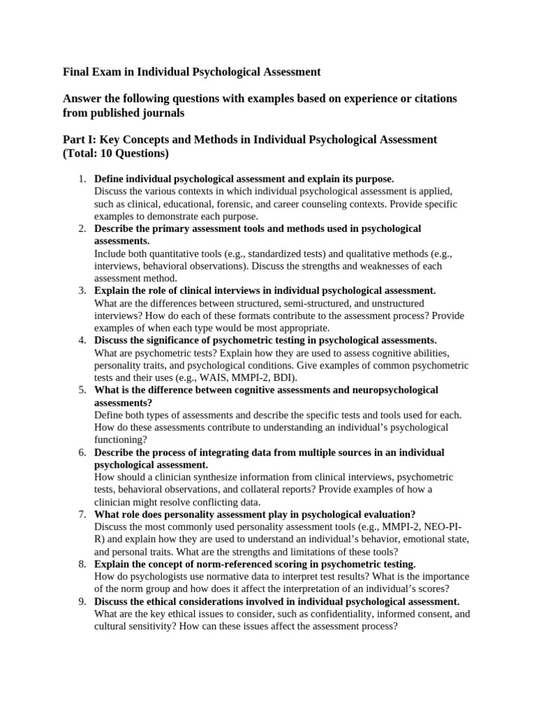 Final Exam in Individual Psychological Assessment | PDF | Psychological ...