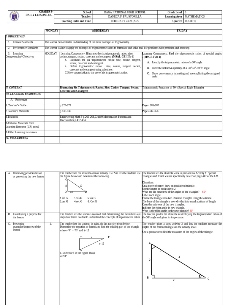 Grade 9 Trigonometry Lesson Plan | PDF | Trigonometric Functions ...