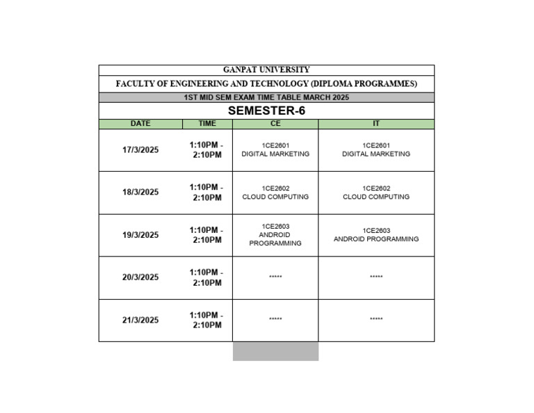 6th Sem - Midsem1 Exam Timetable | PDF