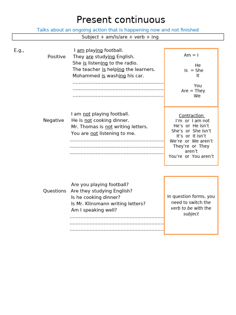 Present Continuous Basic View Direct Method Activities Grammar Drills ...