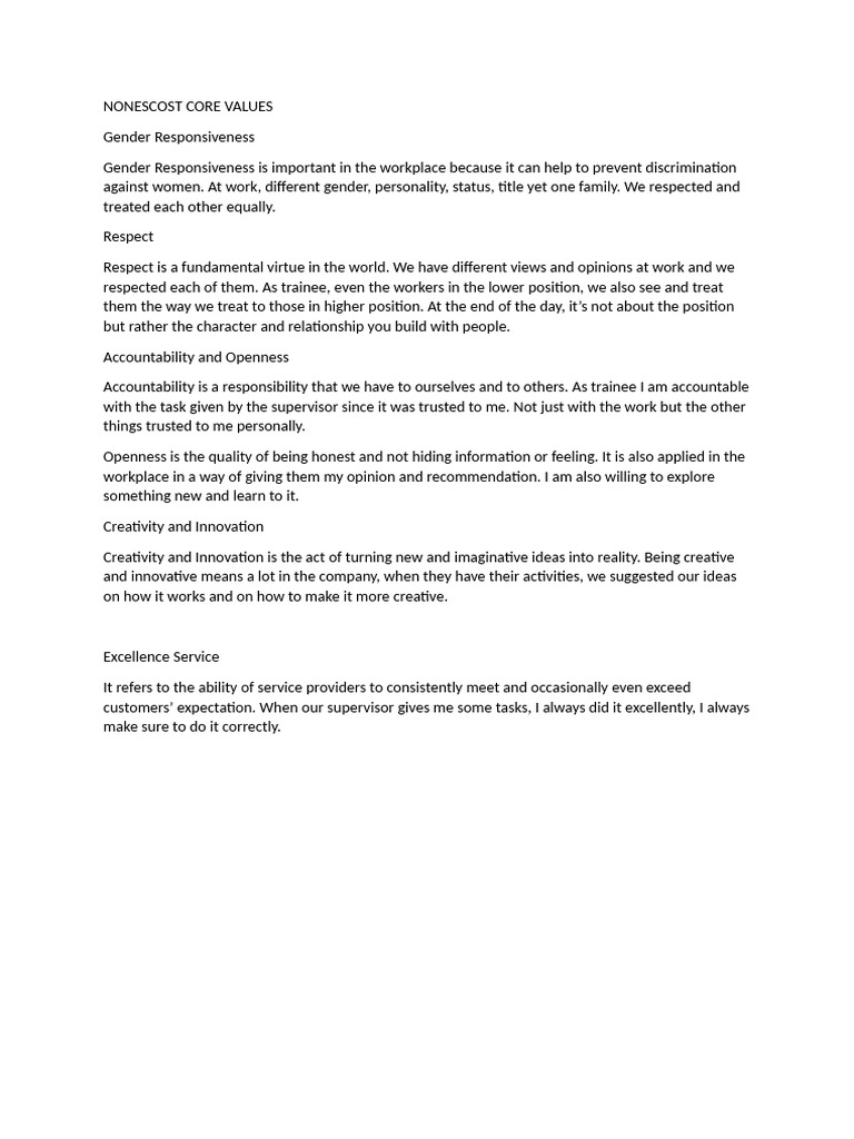 Nonescost Core Values | PDF