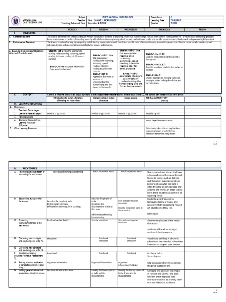 Daily log lesson plans | PDF | Learning | Teachers