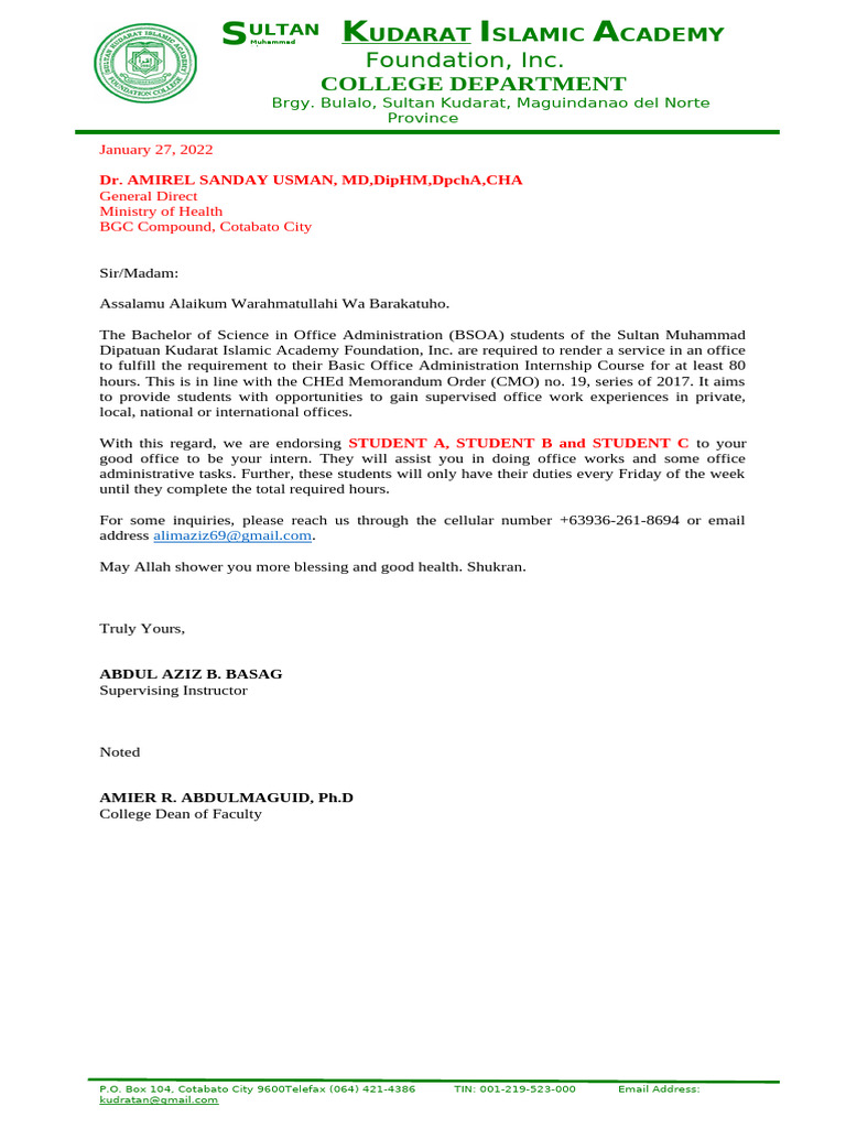 Endorsement Letter BSOA OA Intership | PDF
