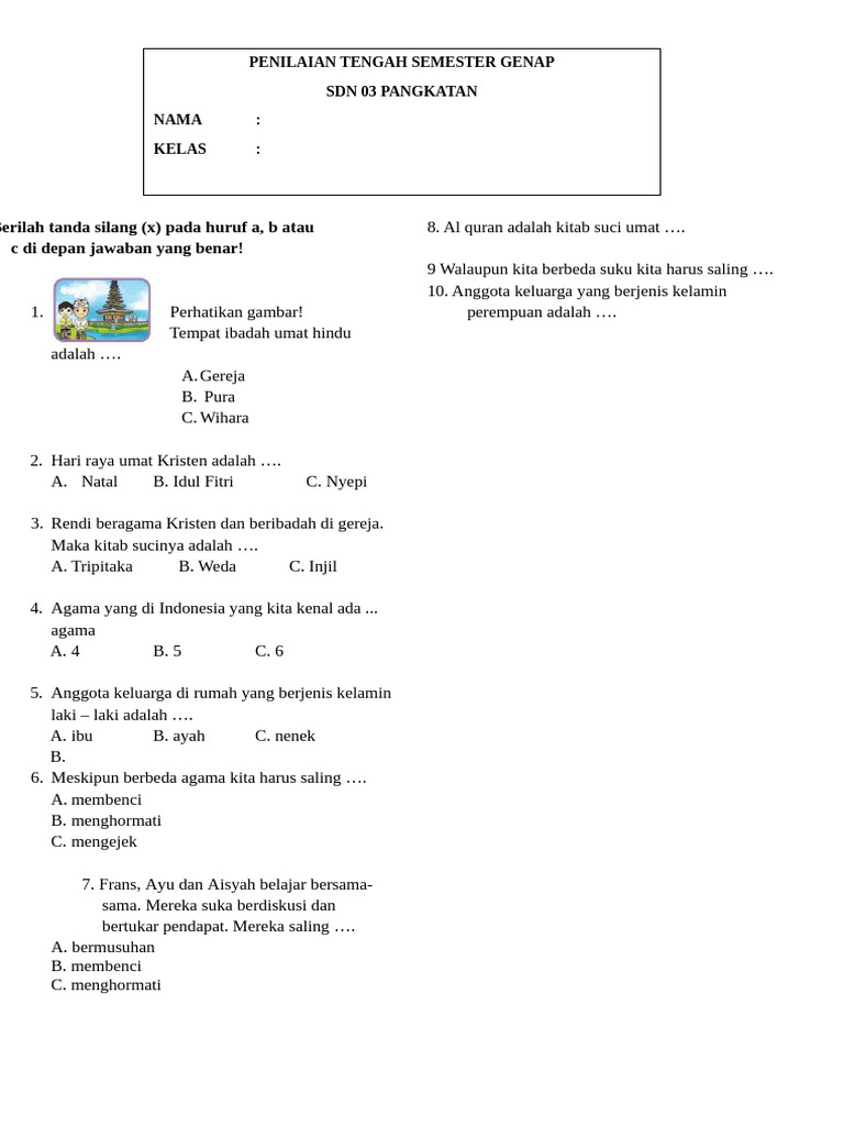 PTS PKN Kelas 2 Semester Genap 2025 | PDF