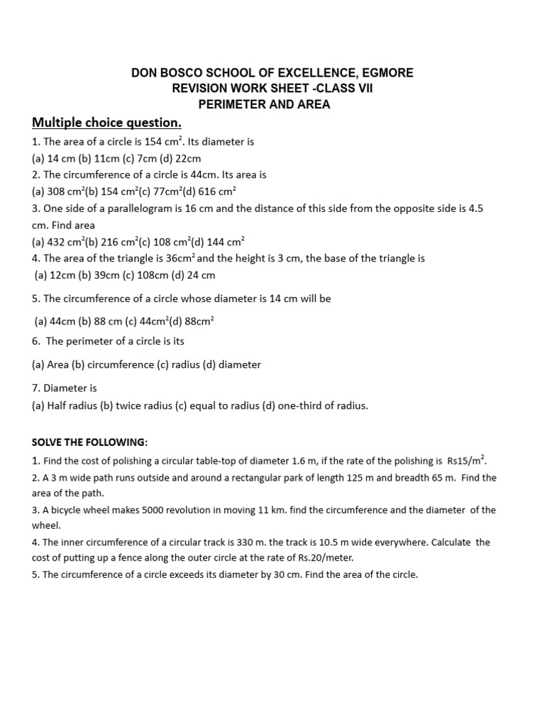 Class 7 Revision Worksheet -Perimeter and Area | PDF