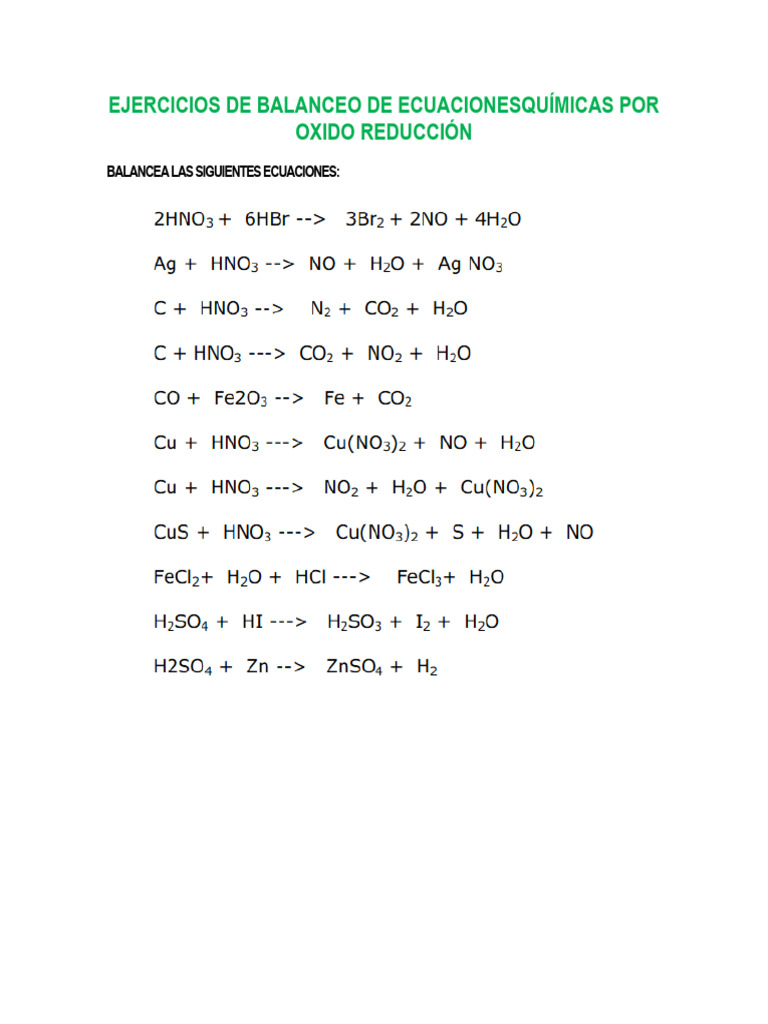 Ejercicios de Balanceo de Ecuacionesquímicas Por Oxido Reducción | PDF