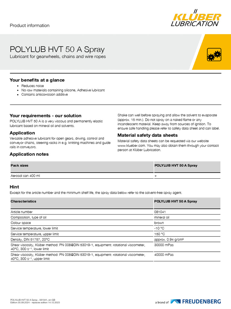 POLYLUB HVT 50 A Spray 081041 PI GB en | PDF | Lubricant | Viscosity