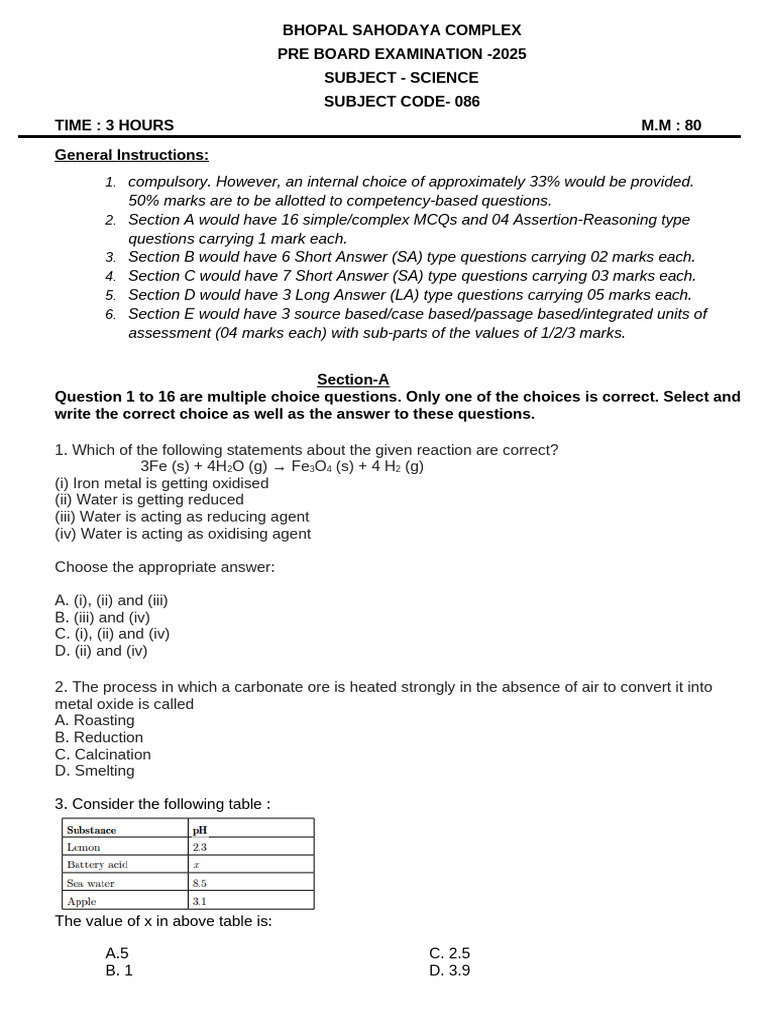 Class 10 Science Pre-Board Exam 2025 | PDF | Eye | Copper