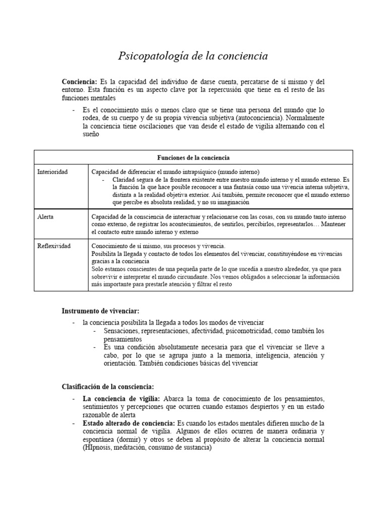 Psicopatología de la Conciencia: Análisis y Alteraciones | PDF ...
