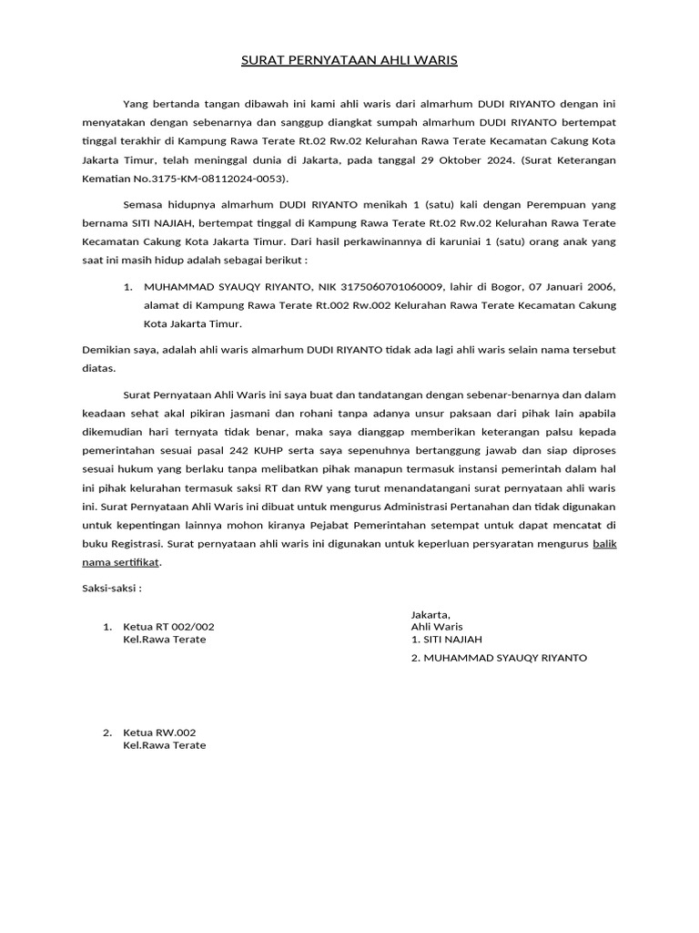 Surat Pernyataan Ahli Waris Dudi Riyanto | PDF