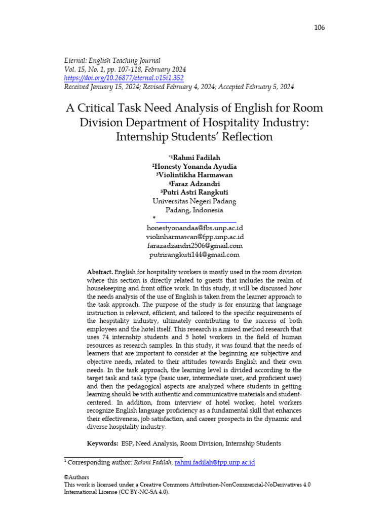 English Needs Analysis for Hospitality Interns | PDF | Learning | English Language