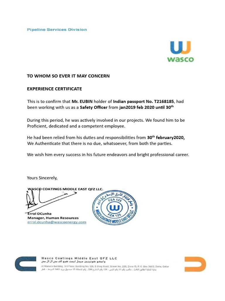 WASCO Experience Certificate | PDF