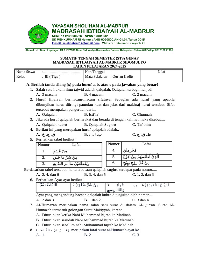 Soal Qurdis Kelas 3 | PDF