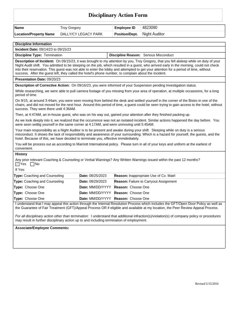 Disciplinary Action Troy Gregory 09.19.23 | PDF | Human Resources