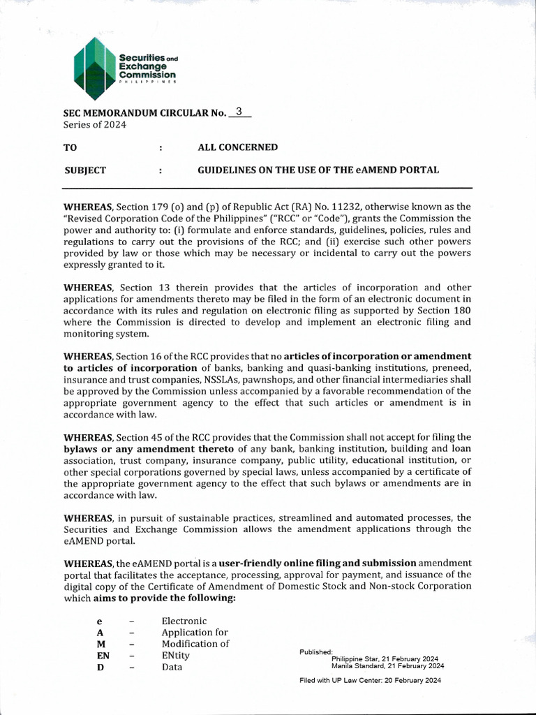 2024 - SEC MC No. 3, S. of 2024 Guidelines On The Use of Eamend Portal ...