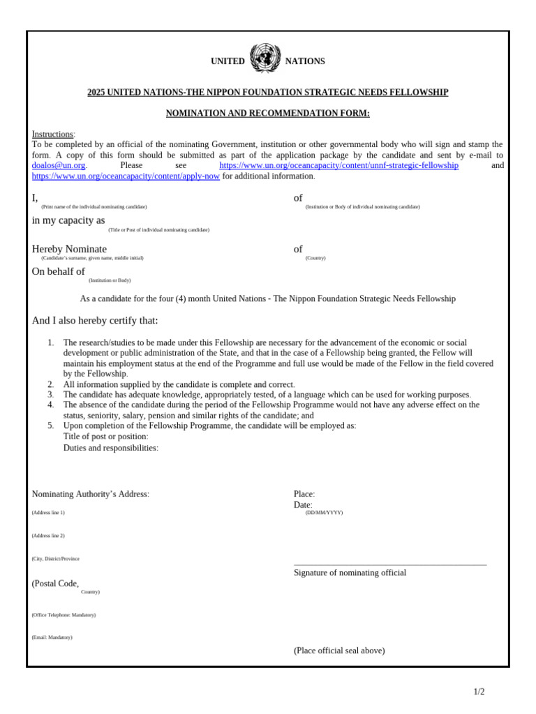UN Nippon Foundation Fellowship Nomination Form | PDF