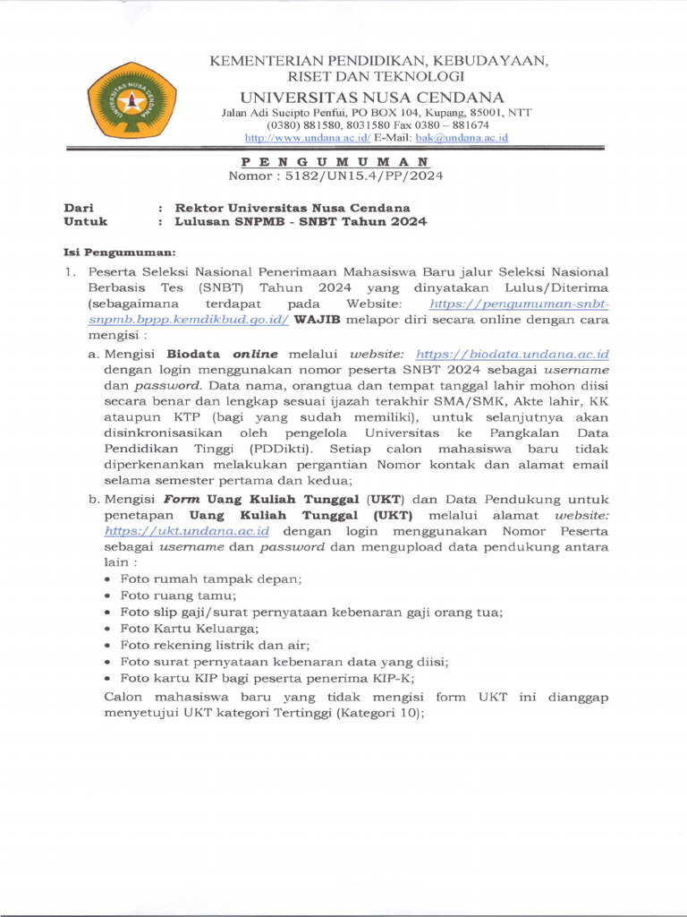 14_6_PENGUMUMAN-LAPOR-DIRI-JALUR-SNBT_OKK | PDF