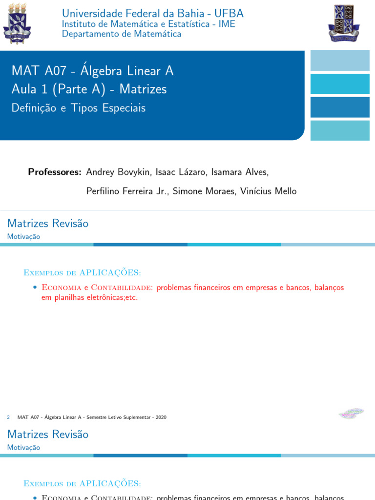 Aula 01 - Matrizes - Parte A - Definicao e Tipos Especiais | PDF ...