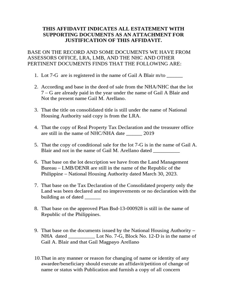 This Affidavit Indicates All Estatement With Supporting Documents As An ...