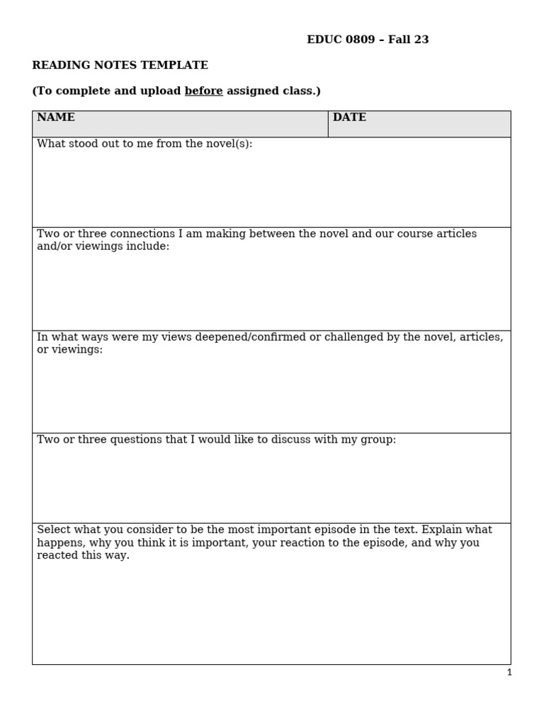 Reading Notes Template | PDF