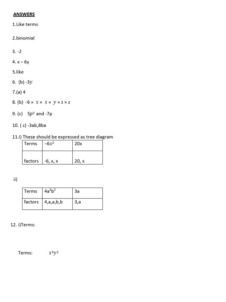 Algebraic Expressions Answer Key | PDF