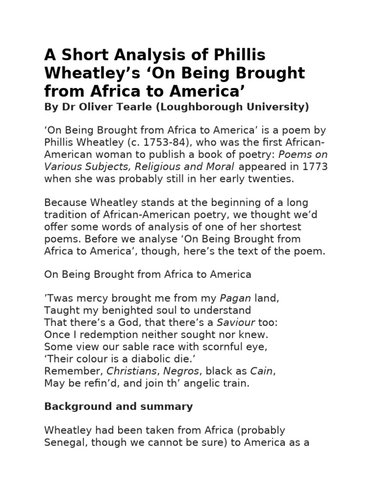 A Short Analysis of Phillis Wheatley | PDF