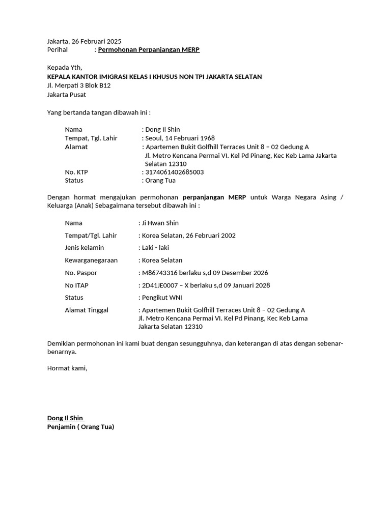 Draft Permohonan Pelaporan , MERP , Surat Integrasi Ji Hwan Shin | PDF