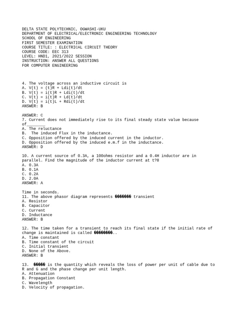 Eec 313 Circuit Theory For HND 1 Engineering 2021 | PDF | Transmission ...