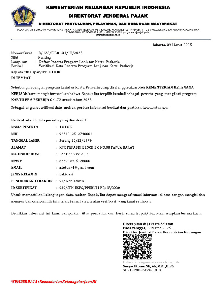 Surat Kementerian Keuangan Republik Indonesia Totok | PDF