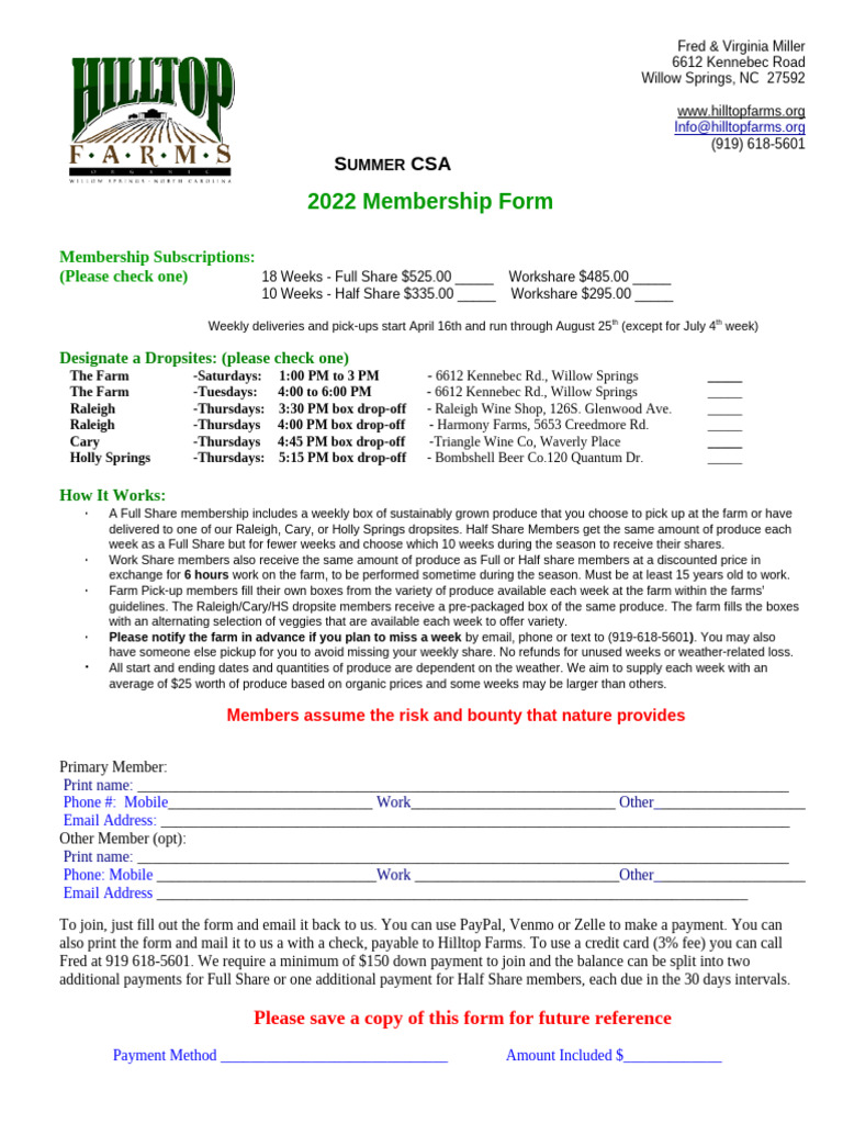 2022 Summer CSA Membership Form | PDF | Services (Economics) | Business