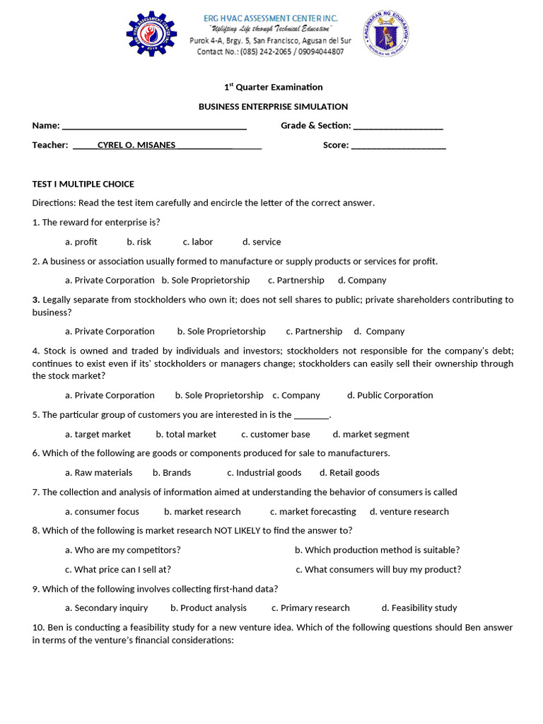 Business Enterprise Exam: Q1 Assessment | PDF | Business | Goods