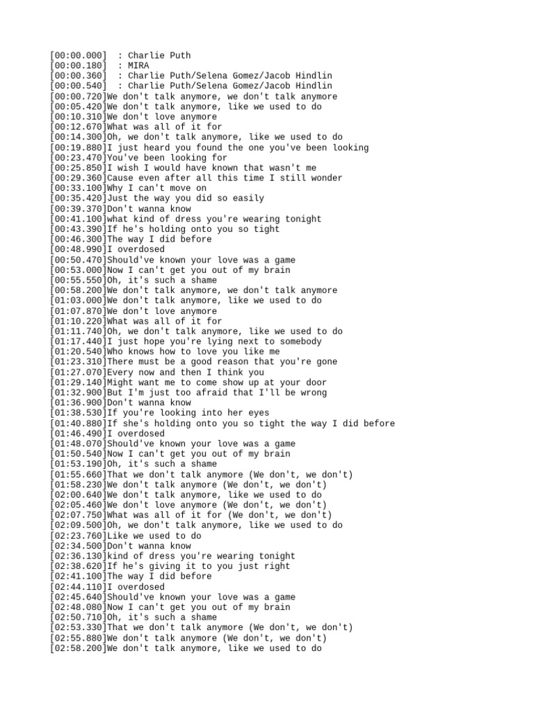 We Don't Talk Anymore Lyrics | PDF | American Pop Songs | Songs Written