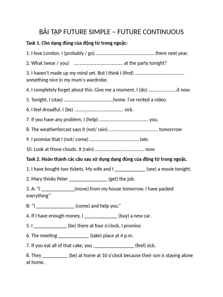 BÀI TẬP FUTURE SIMPLE - FUTURE CONTINUOUS | PDF