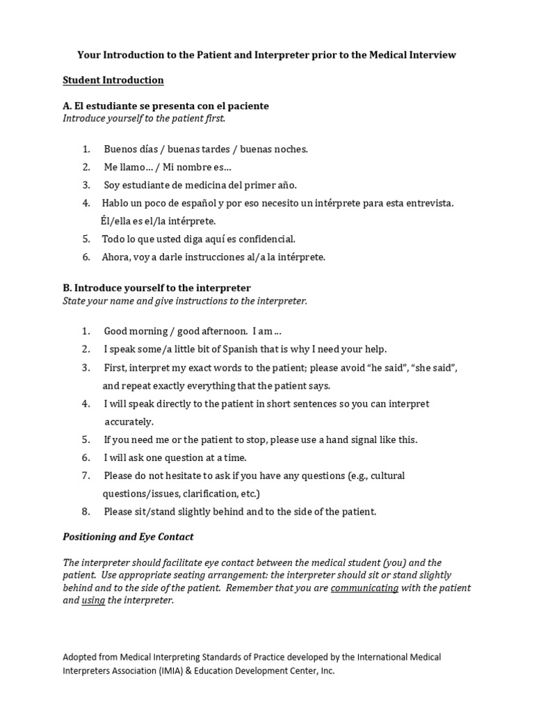 Introduction To The Patient and Interpreter Prior To The Medical ...