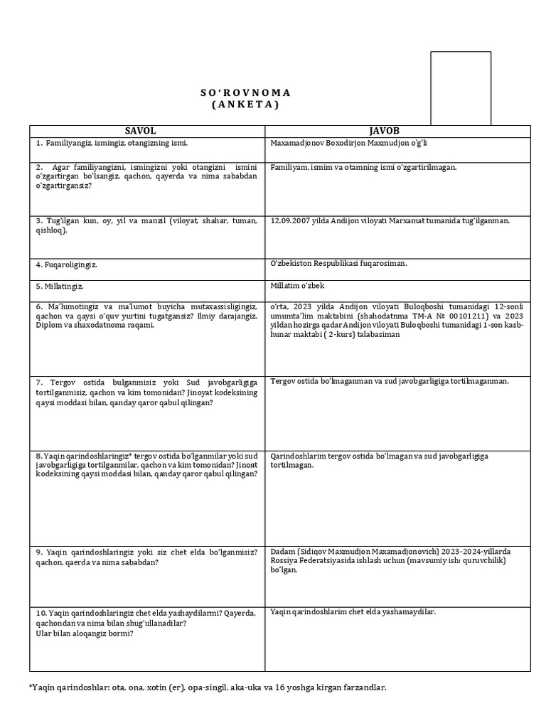 So Rovnoma (Anketa) : Savol Javob | PDF