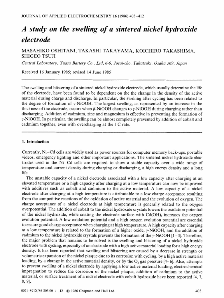 A Study On The Swelling of A Sintered Nickel Hydroxide Electrode | PDF ...