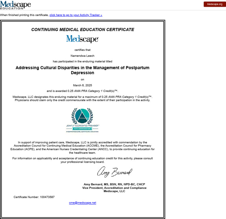 CME Certificate For 'Addressing Cultural Disparities in The Management ...