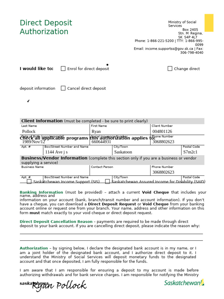 Direct Deposit Authorization Feb 2023 | PDF | Banks | Cheque